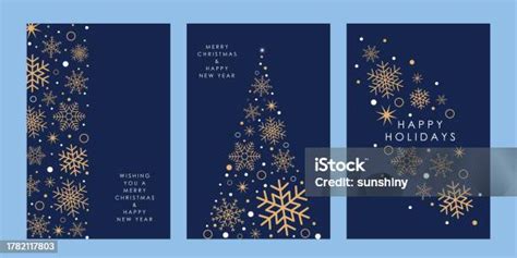 메리 크리스마스와 새해 카드 및 기업 행사 초대장 황금 눈송이와 크리스마스 별은 파란색 배경에 있습니다 겨울 벡터 일러스트 레이 션입니다 크리스마스에 대한 스톡 벡터 아트