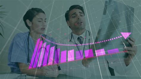 Doctors Discussing Patient Data With Bar Graph Animation Over Them