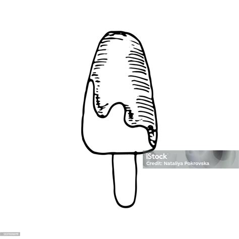 초콜릿 유약으로 덮인 맛있는 아이스크림 흰색 배경에 격리 된 스케치 낙서 스타일의 벡터 손으로 그린 그림입니다 맛있는 여름 간식