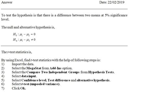 Hypothesis Test Difference Between Means Sample A 35 Observations Mean 10 255 Variance 0