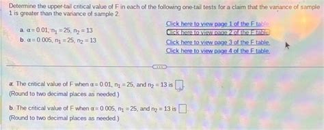 Solved Determine The Upper Tail Critical Value Of F In Each