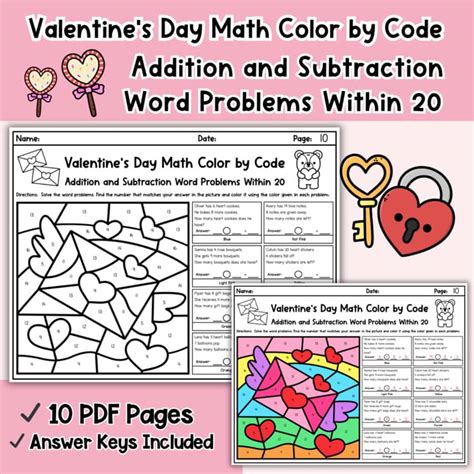 Valentines Day Math Color By Codeaddition And Subtraction Word Problems