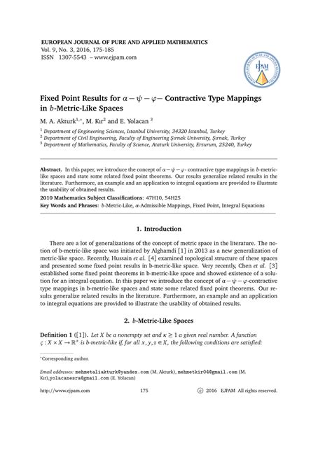 Pdf Fixed Point Results For α − ψ − ϕ− Contractive Type Mappings In B Metric Like Spaces