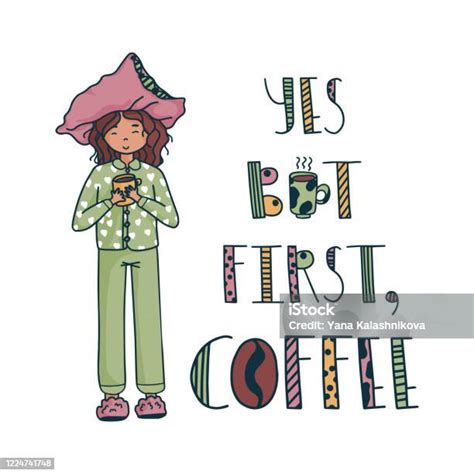 벡터 하지만 먼저 커피 따옴표 머리에 베개와 힙스터 졸린 소녀의 낙서 그림 다채로운 긍정적 인 문구 귀여운에 대한 스톡 벡터 아트 및 기타 이미지 Istock