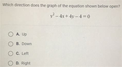 Solved Which Direction Does The Graph Of The Equation Shown Below Open V 2 4x 4y 4 0 A Up B
