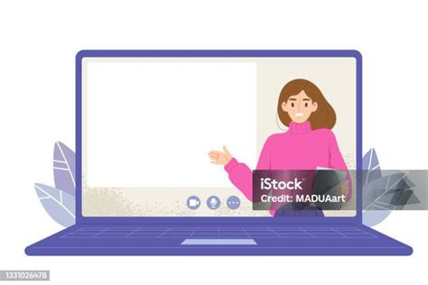 젊은 여성은 빈 공백컴퓨터 화면에서 소셜 네트워크를 통해 발표하고 있습니다 교육 강좌에 대한 스톡 벡터 아트 및 기타 이미지 교육 강좌 등장인물 젊은 여자 Istock