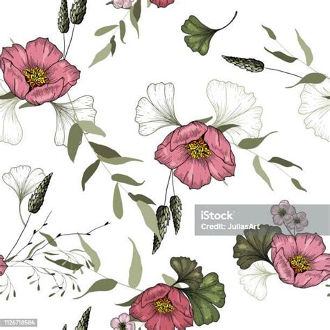 빈티지 배경입니다 배경 화면입니다 현실적인 피 꽃 고립 핸드 그린입니다 벡터 일러스트입니다 꽃 꽃 패턴 완벽 한 집입니다 0명에 대한 스톡 벡터 아트 및 기타 이미지