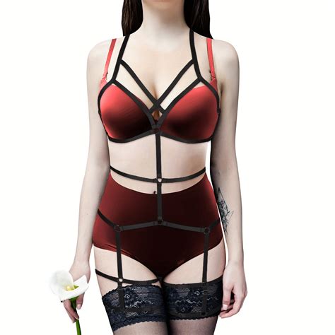 여성 고딕 바디 하네스 브래지어 유행 케이지 브래지어 컷 아웃 스타킹 가터 세트 펑크 카니발 댄스 의상 오늘의 최고의 일일
