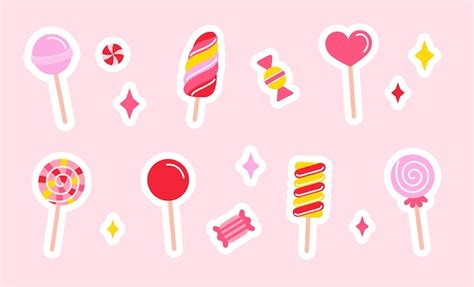 평평한 스타일의 막대기에 사탕 막대 사탕 캐러멜 스티커 세트 벡터 일러스트 레이 션 프리미엄 벡터