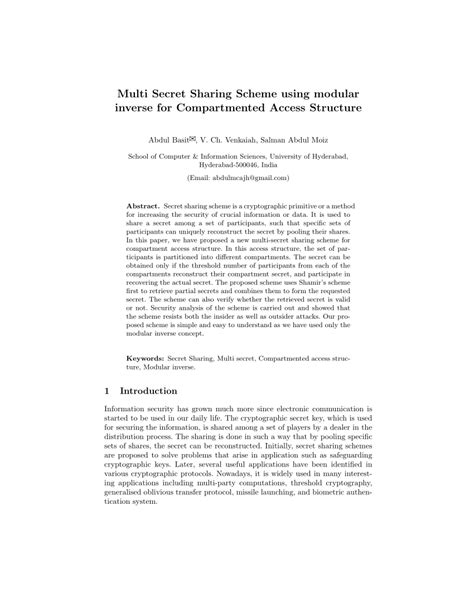 Pdf Multi Secret Sharing Scheme Using Modular Inverse For Compartmented Access Structure