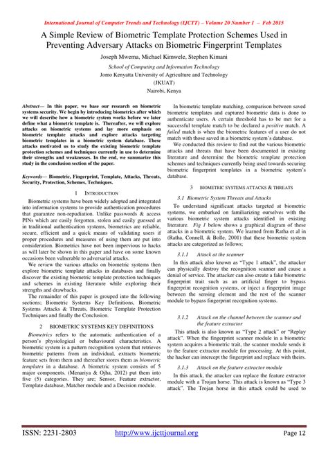 Pdf A Simple Review Of Biometric Template Protection Schemes Used In Preventing Adversary