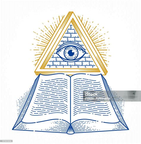 신성한 기하학적 삼각형 통찰력과 깨달음 벽돌 또는 일루미나티 기호 벡터 로고 또는 엠블럼 디자인 요소에서 하나님의 눈을 모두 보는 비밀 지식 빈티지 오픈 북
