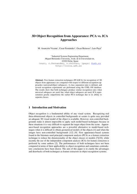 Pdf 3d Object Recognition From Appearance Pca Versus Ica Approaches