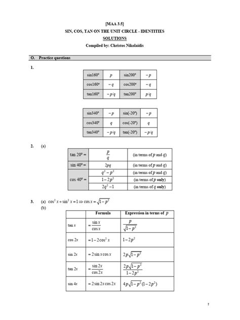 Maa 3 5 Sin Cos Tan On The Unit Circle Identities Solutions Pdf Mathematical
