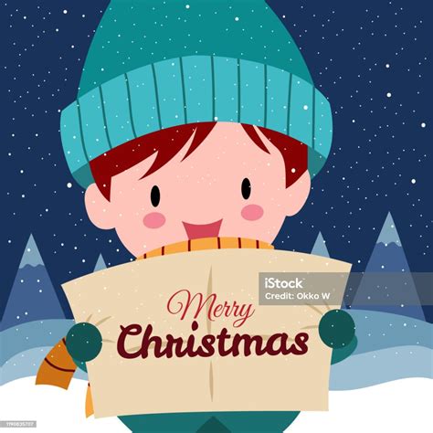 귀여운 가와이이 손으로 그린 소년 이나 겨울 의상을 입고 웃고 재미 있는 얼굴인사카드를 들고 메리 크리스마스 만화 벡터 문자 그림 플랫 디자인 배경 인사말 초대 엽서 배너