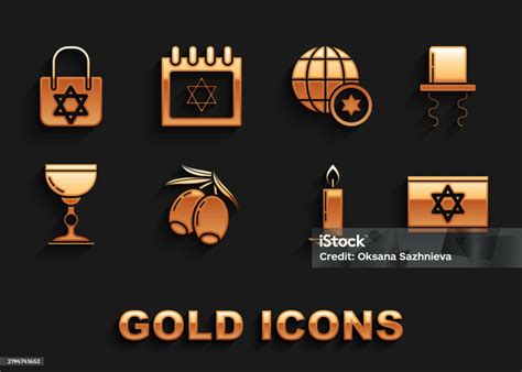 올리브 가지 사이드락이 있는 정통 유대인 모자 이스라엘의 국기 촛대에 촛불을 굽는 것 유대인 잔 세계 지구본 쇼핑백 스타 데이비드와 달력 아이콘을 설정합니다 벡터 검은색에