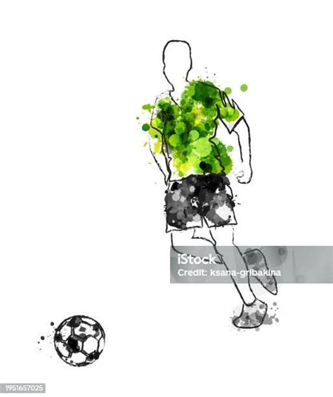 축구 선수 결승 골을 위해 공을 차는 모습 녹색 페인트가 튀는 축구 게임 벡터 그림과 선형 실루엣 Championship에 대한