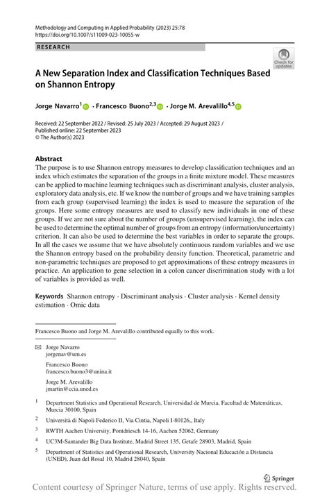Pdf A New Separation Index And Classification Techniques Based On Shannon Entropy