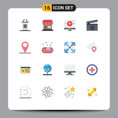 Modern Set Of 16 Flat Colors Pictograph Of Pin Gps Find Media Film Editable Pack Of Creative