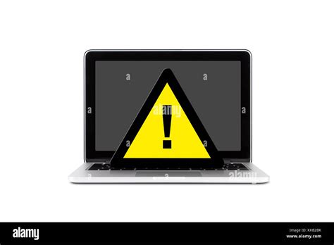 Yellow Triangle Warning Sign With Exclamation Mark On Computer Isolated On White Background