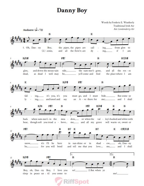 Danny Boy E Flat Instrument Sheet Music With Chords And Lyrics