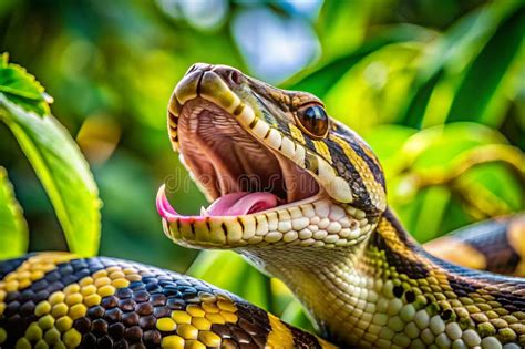 Closeup Of A Pythons Open Mouth In A Garden Setting A Striking Image Of