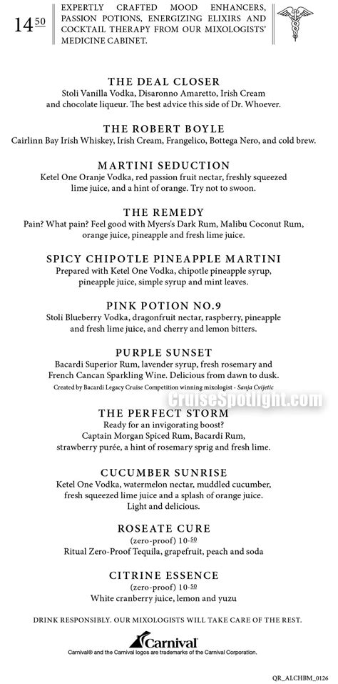 Carnival Jubilee Bars With Menus And Prices Cruise Spotlight