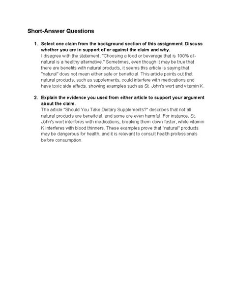 Project Nutritional Claims Short Answer Questions 1 Select One Claim