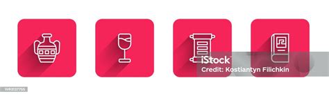 세트 라인 고대 Amphorae 와인 잔 법령 양피지 두루마리 및 긴 그림자가 있는 그리스 역사 책 빨간색 사각형 버튼입니다 벡터 고대의에 대한 스톡 벡터 아트 및 기타