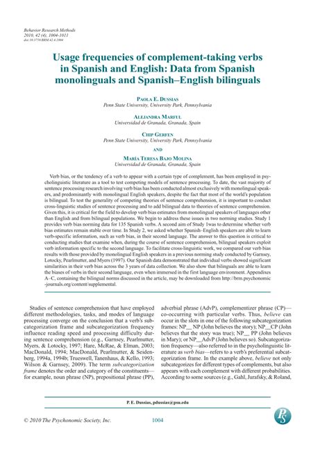 Pdf Usage Frequencies Of Complement Taking Verbs In Spanish And