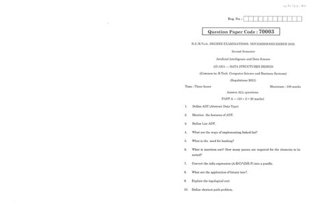 Ad3251 Data Structures Design R2021 2022 Nov Reg No Question