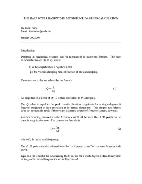 Pdf The Half Power Bandwidth Method For Damping Calculation