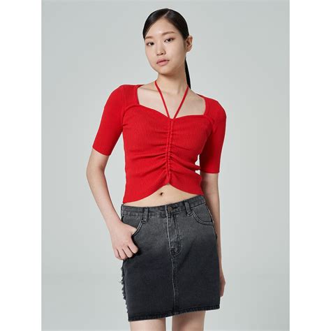 골지 셔링 반소매 풀오버 레드 323851mn16 에이블리