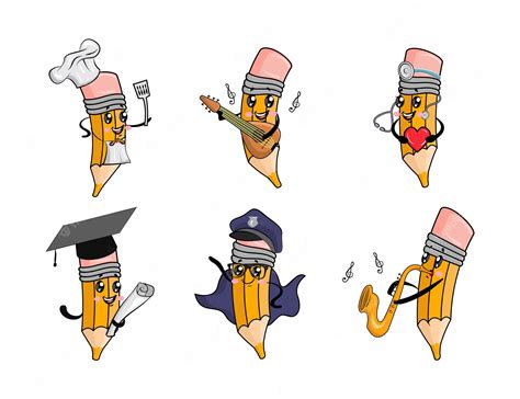 귀여운 행복 재미 연필 캐릭터 일러스트 세트 프리미엄 벡터