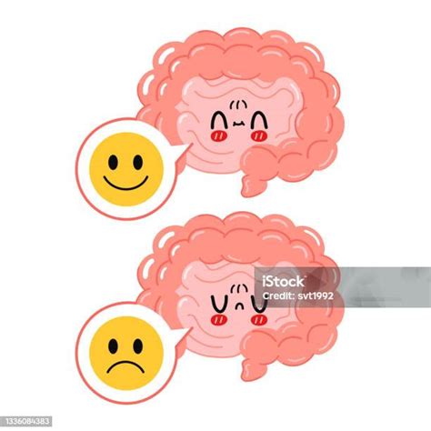 음성 거품 문자에 슬프고 행복한 얼굴귀여운 재미있는 장 기관 벡터 핸드 그린 만화 가와이 캐릭터 일러스트 아이콘 흰색 배경에 격리 건강하고 건강에 해로운 장 가공의 인물에