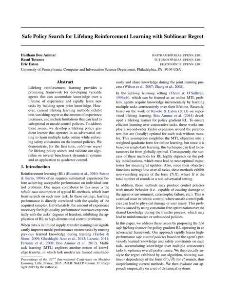 Pdf Safe Policy Search For Lifelong Reinforcement Learning With Sub