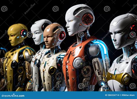Group Of Female And Male Robots Isolated On Black Background 3d Rendering Humanoid Robots