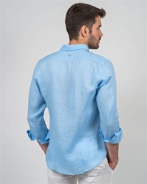 【СВЕТЛО СИНЯ ЛЕНЕНА РИЗА ВТАЛЕН СИЛУЕТ С БРОДЕРИЯ ЛОГО】Цена • • 230105044880 4 — Teodor