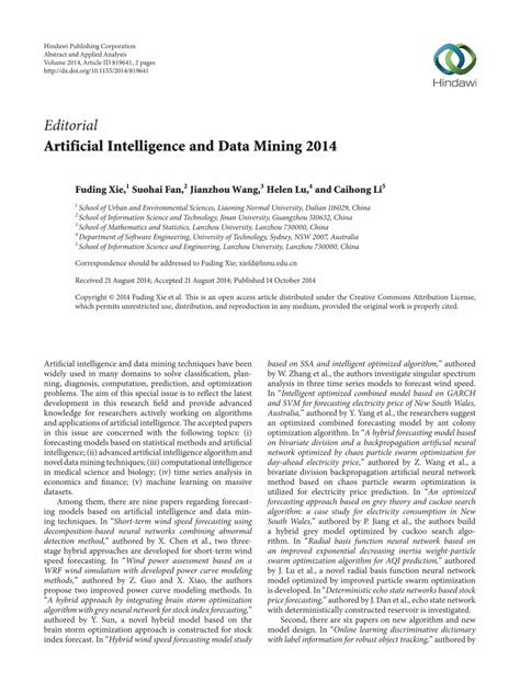 Pdf Editorial Artificial Intelligence And Data Mining 2014downloads