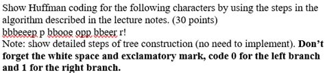 Solved Show Huffman Coding For The Following Characters By Chegg Com