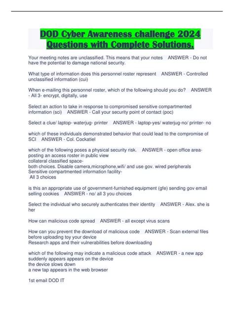dod cyber awareness challenge 2024 questions with complete solutions