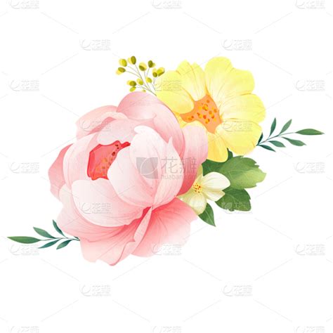 黄粉色绿叶花朵花丛元素