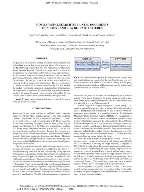 mobile visual search on printed documents using text and low bit rate