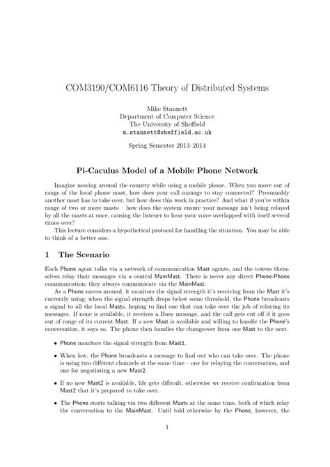 Pdf Pi Calculus Model Of A Mobile Phone Network Extended Example