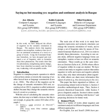 Saying No But Meaning Yes Negation And Sentiment Analysis In Basque