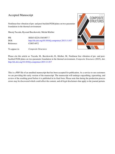 Pdf Nonlinear Free Vibration Of Pre And Post Buckled Fgm Plates On