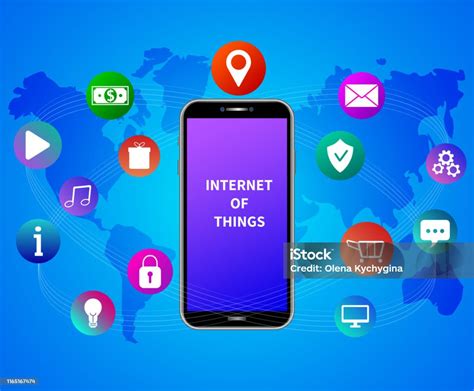 사물 의 인터넷 모바일 서비스 클라우드 앱 기술 세계지도와 파란색 배경에 다채로운 소셜 미디어 아이콘스마트 폰 글로벌 네트워크 통신 배너용 템플릿 디자인 Brand Name