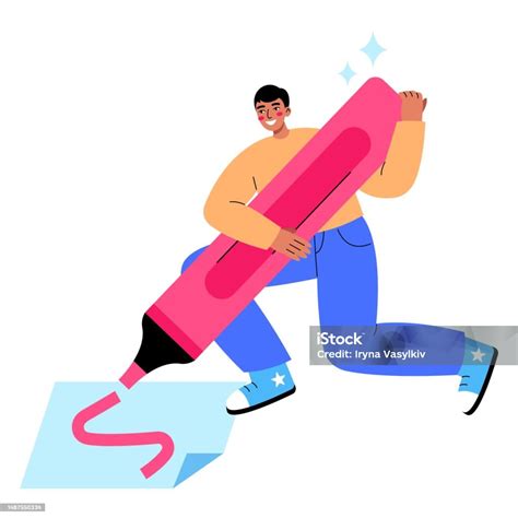 큰 형광펜을 들고 그림을 그리는 젊은이 글쓰기 창작 교육의 개념 흰색 배경에 플랫 벡터 그림입니다 개념에 대한 스톡 벡터 아트