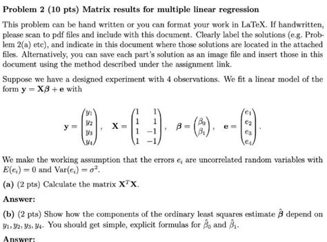Solved Problem 210pts Matrix Results For Multiple Linear