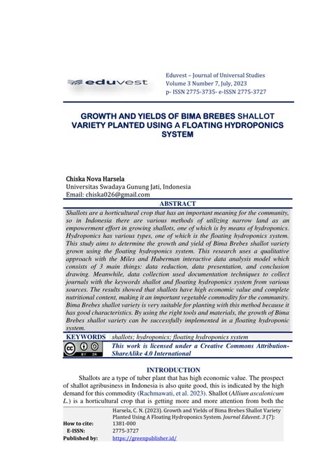 (PDF) Growth and Yields of Bima Brebes Shallot Variety Planted Using A Floating Hydroponics System
